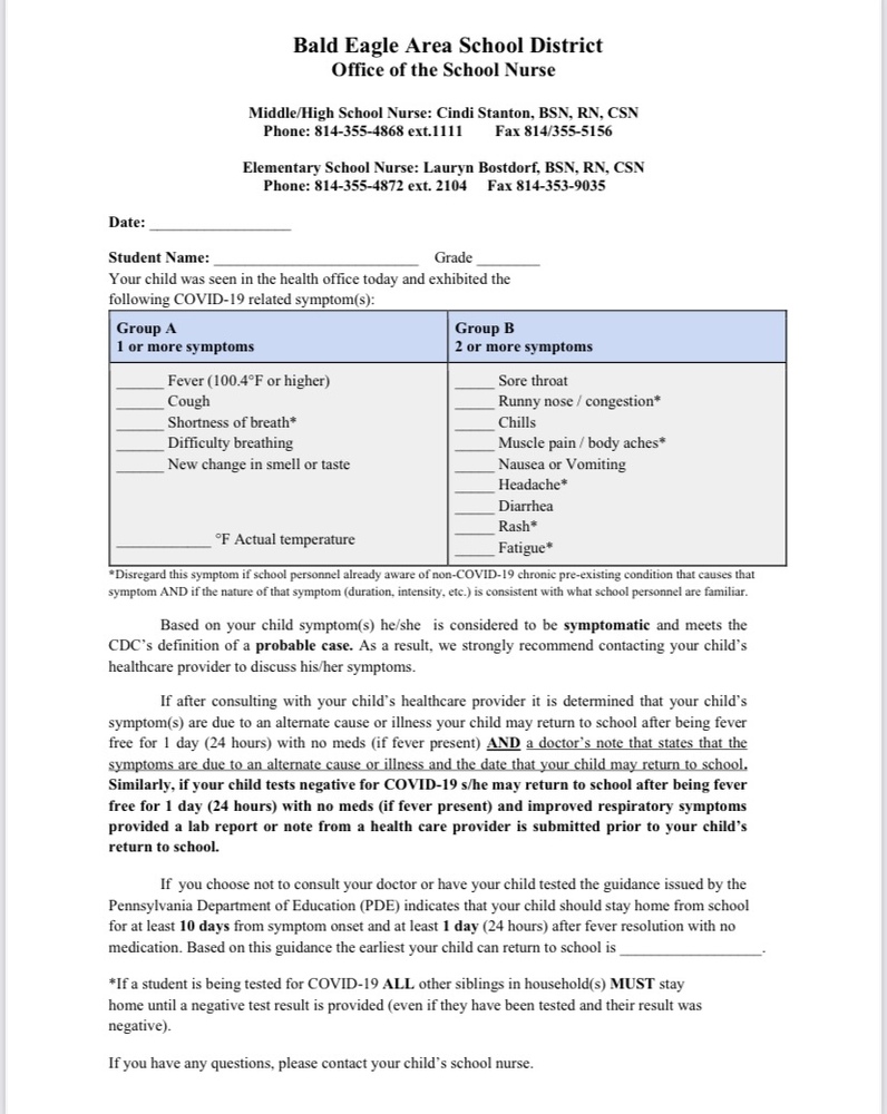 Covid -19 Symptom Checklist | BALD EAGLE AREA CYBER ACADEMY
